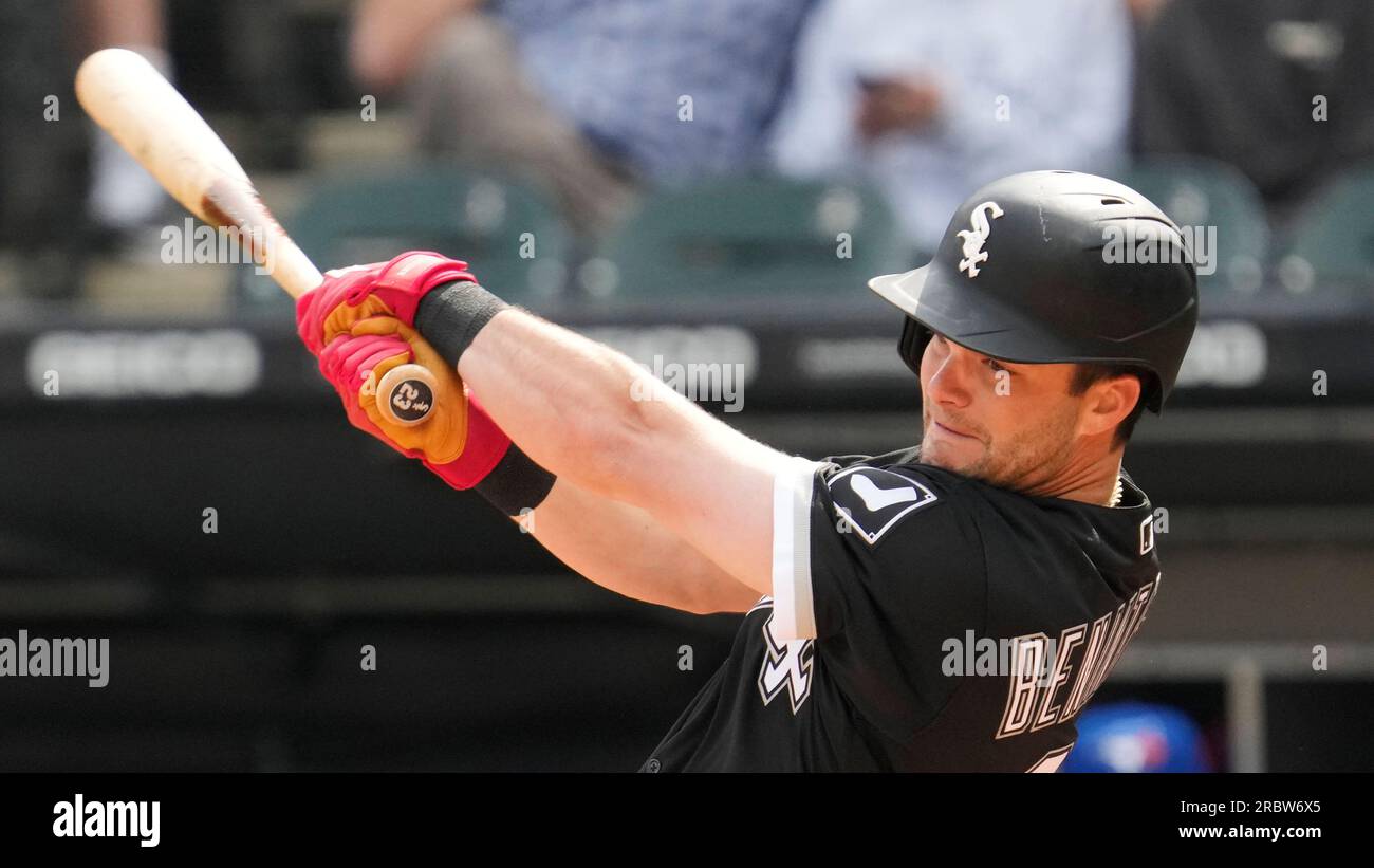 Chicago White Sox's Andrew Benintendi swings a strike during the first ...