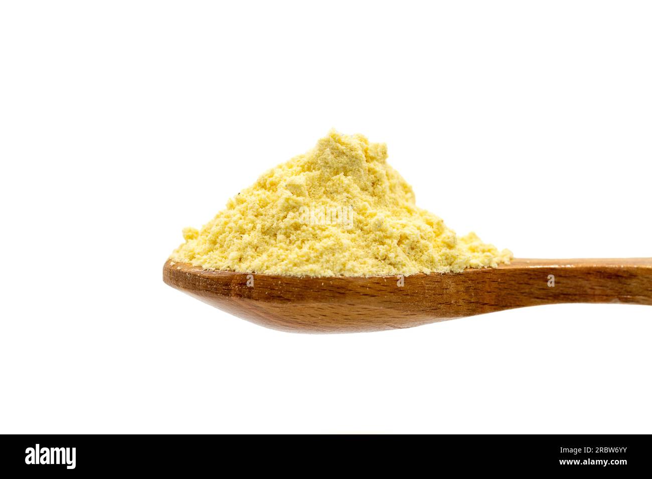 Corn flour on wooden spoon. Pile of corn flour isolated on white ...