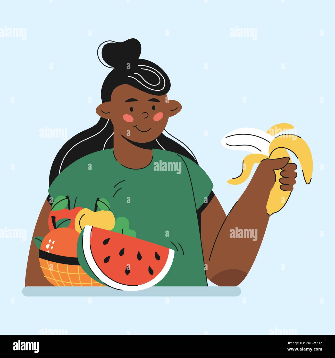 girl eating fruit holding banana character cartoon style Stock Vector ...