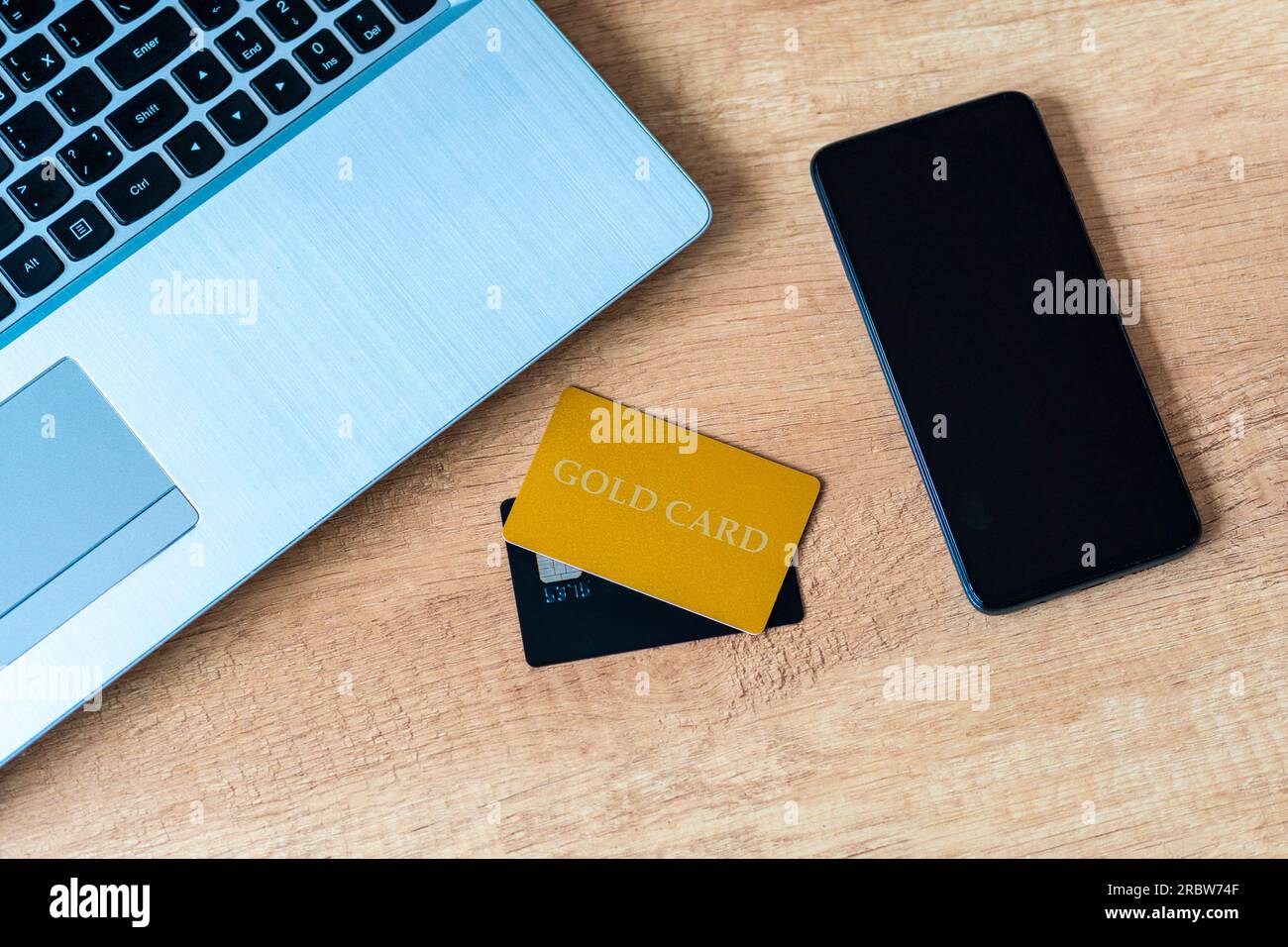 top view laptop, cards, smartphone. concept shopping online, Internet ...