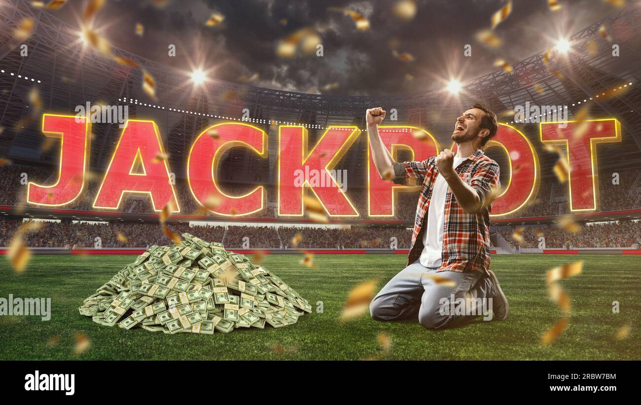 Happy, excited, lucky man sitting on knees at 3D arena and celebrating ...