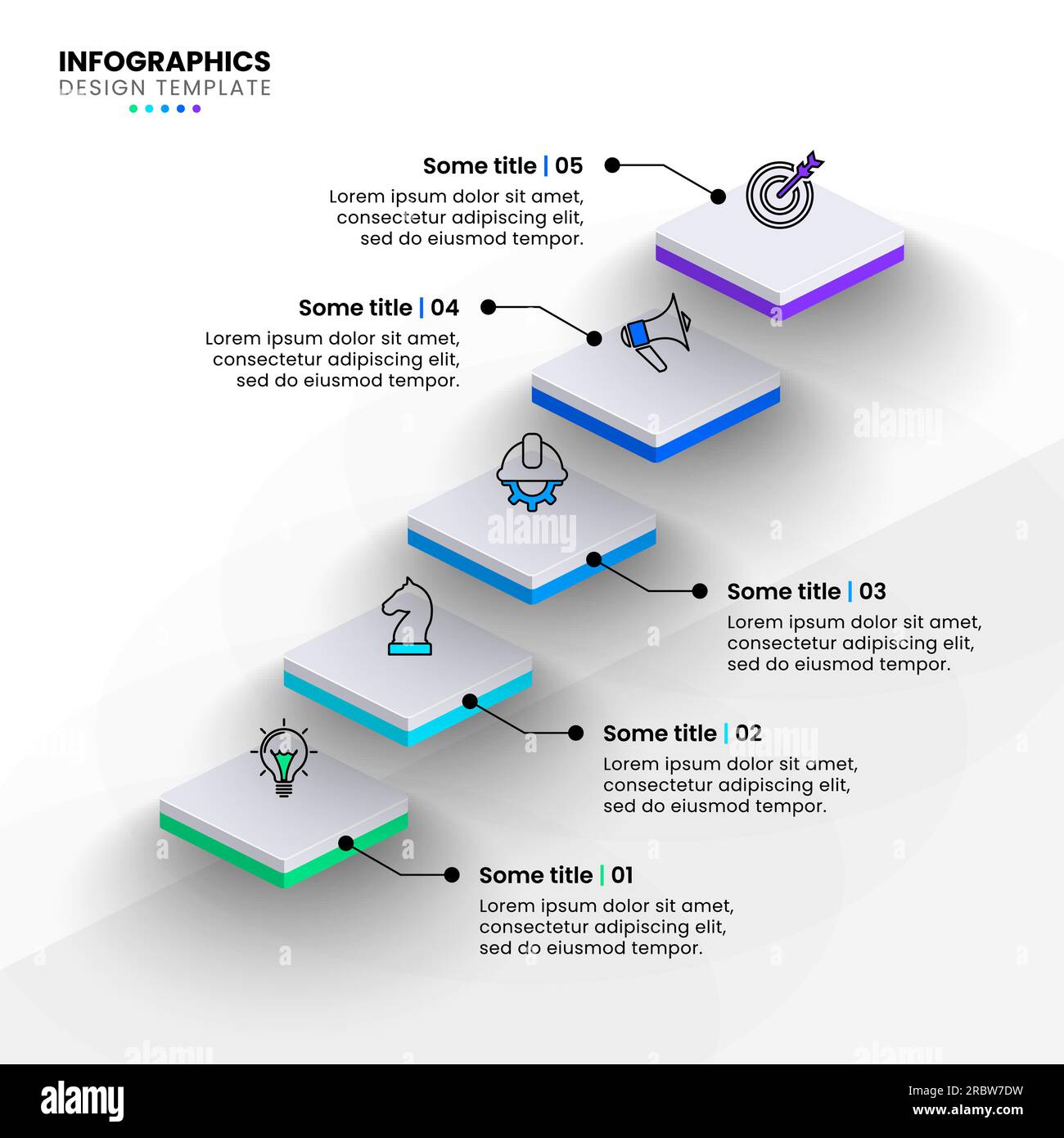 Infographic template with icons and 5 options or steps. Isometric stairs. Can be used for ...
