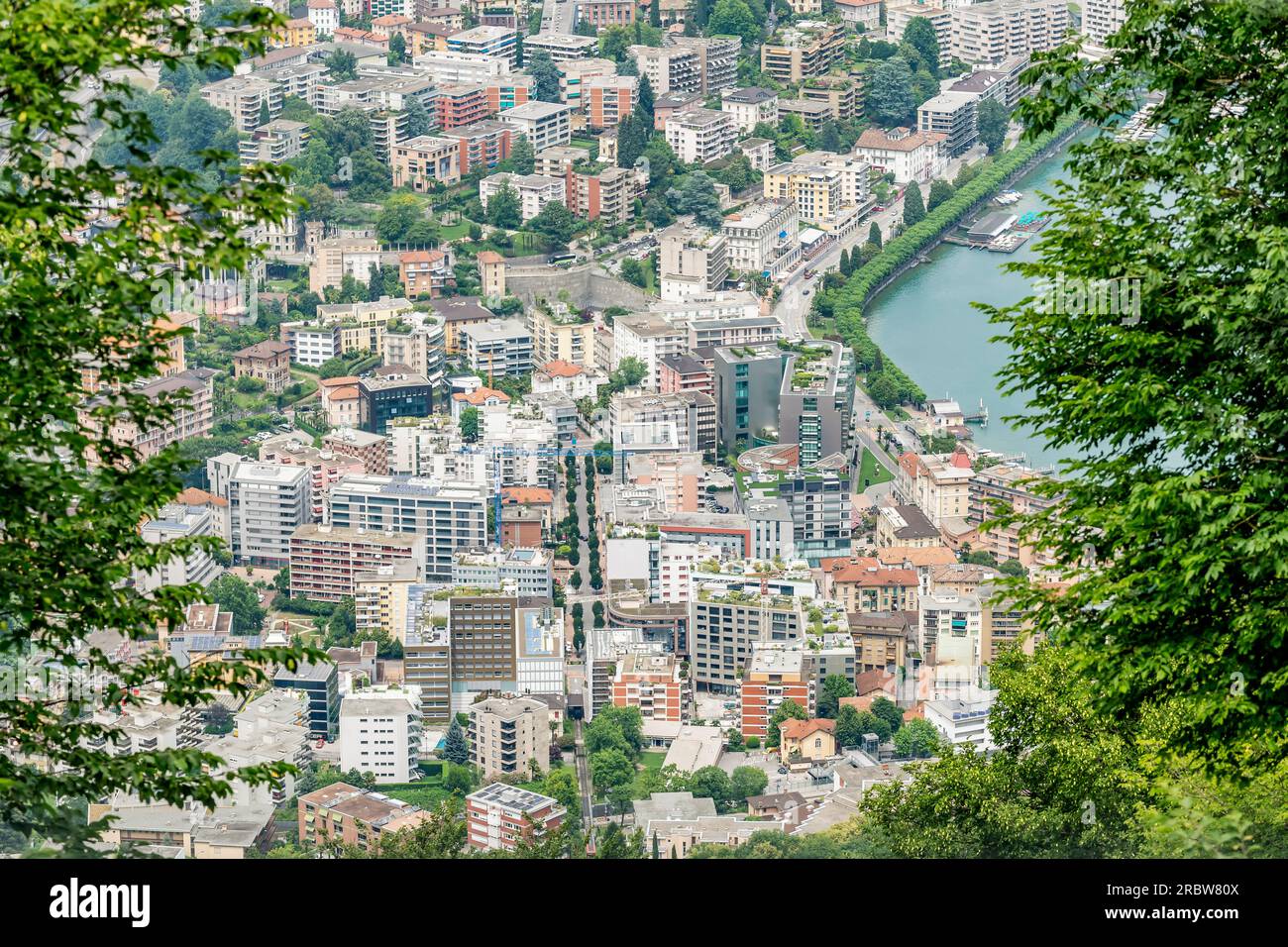 Aerial view of Lugano, Switzerland, from the funicular that connects to ...
