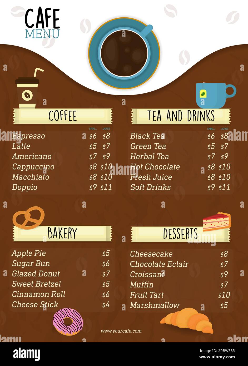 cafe menu with variety of coffee, drinks, sweet bakery and tasty ...