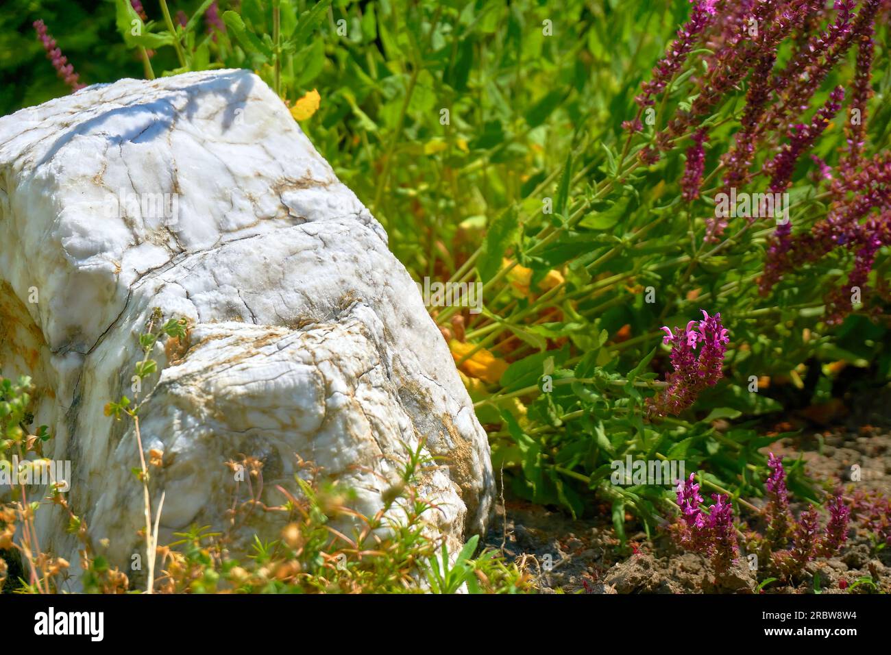 White marble stone among flowers, element of design and landscaping ...