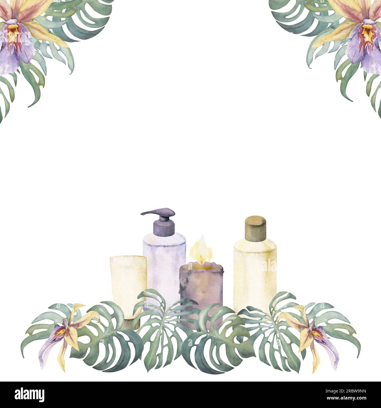 Hand drawn watercolor spa skincare bath beauty products package with ...