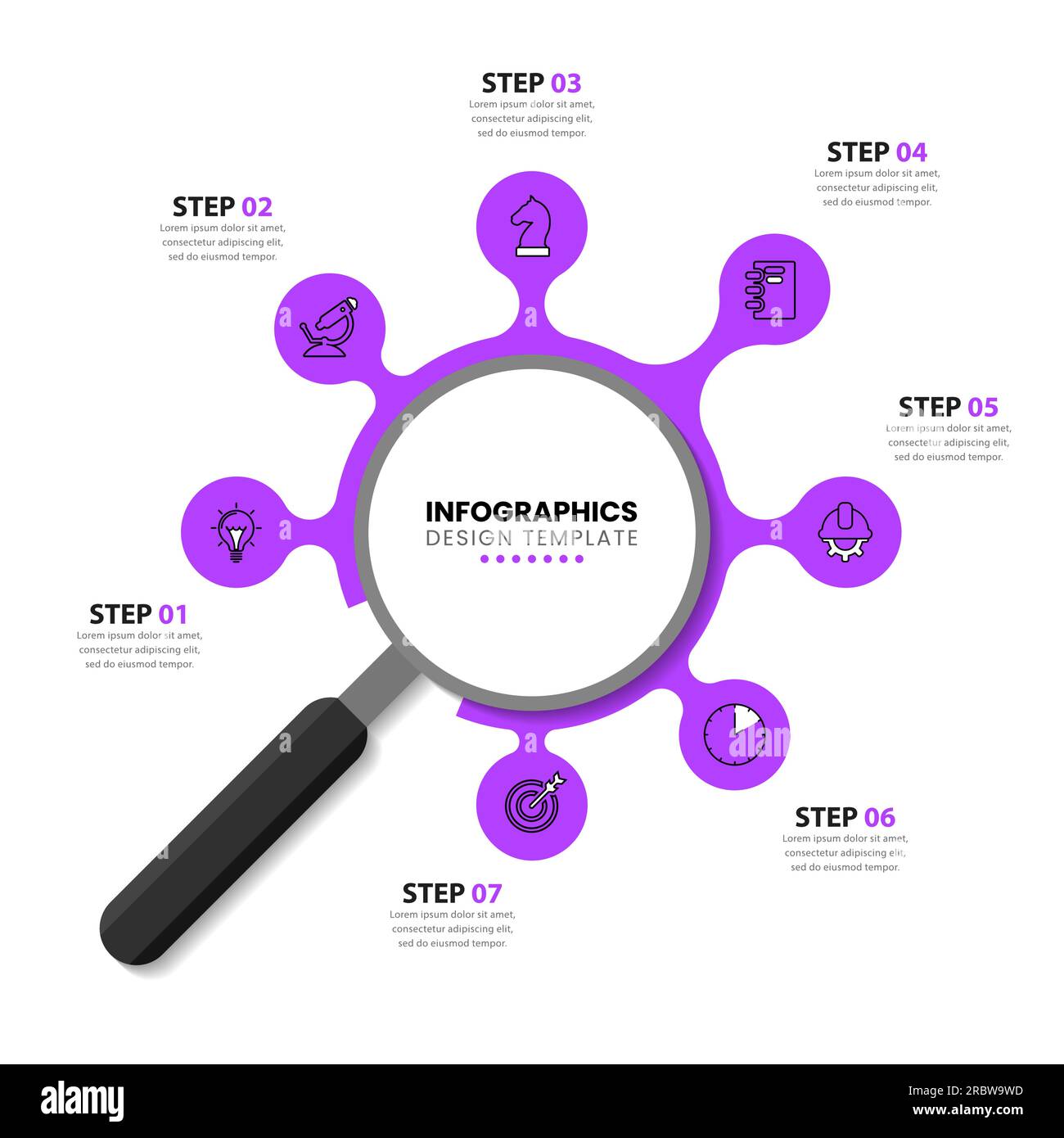 Infographic template with icons and 7 options or steps. Magnifier. Can ...