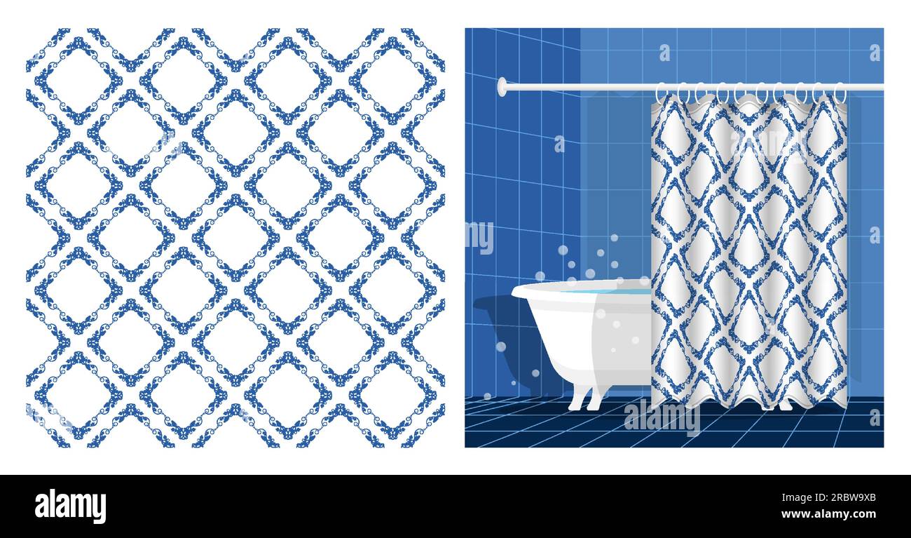Bathroom interior with bathtub and curtain decorated geometric pattern ...