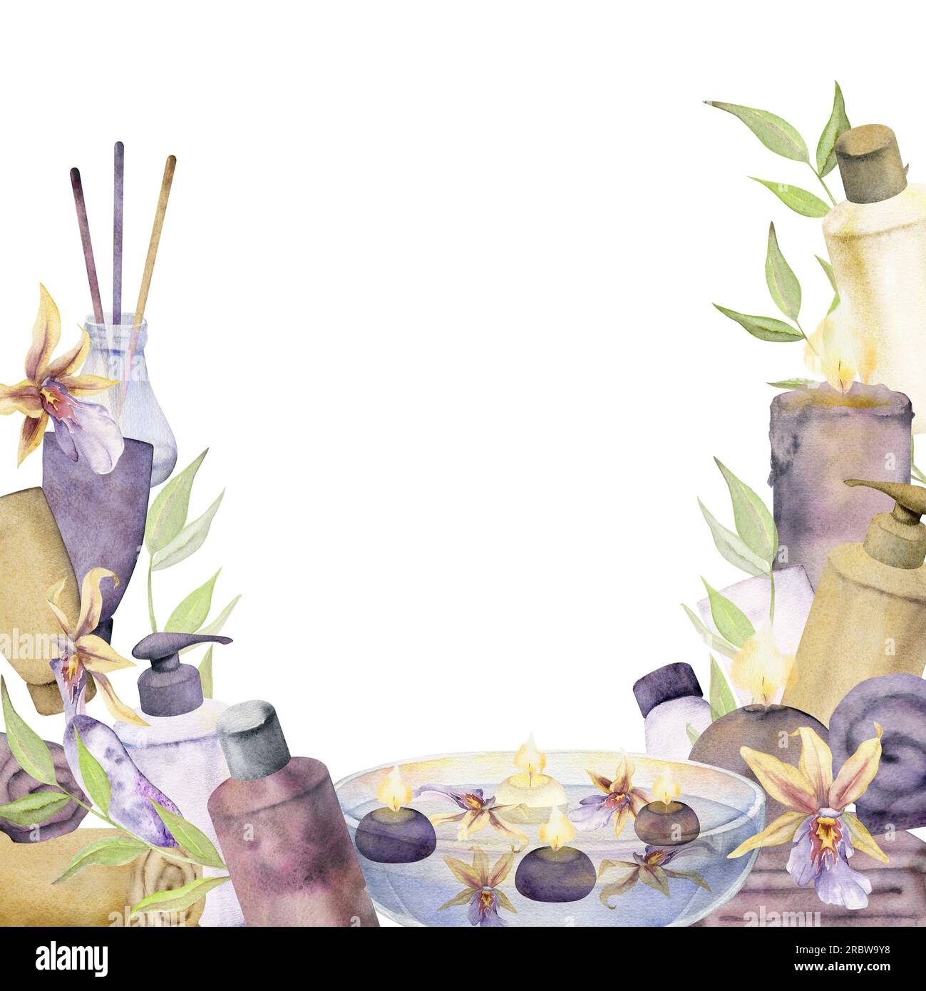 Hand drawn watercolor spa skincare bath beauty products package with ...