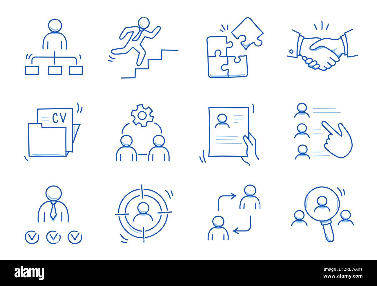 Doodle line icon set work, business job search. Doodle sketch hand ...
