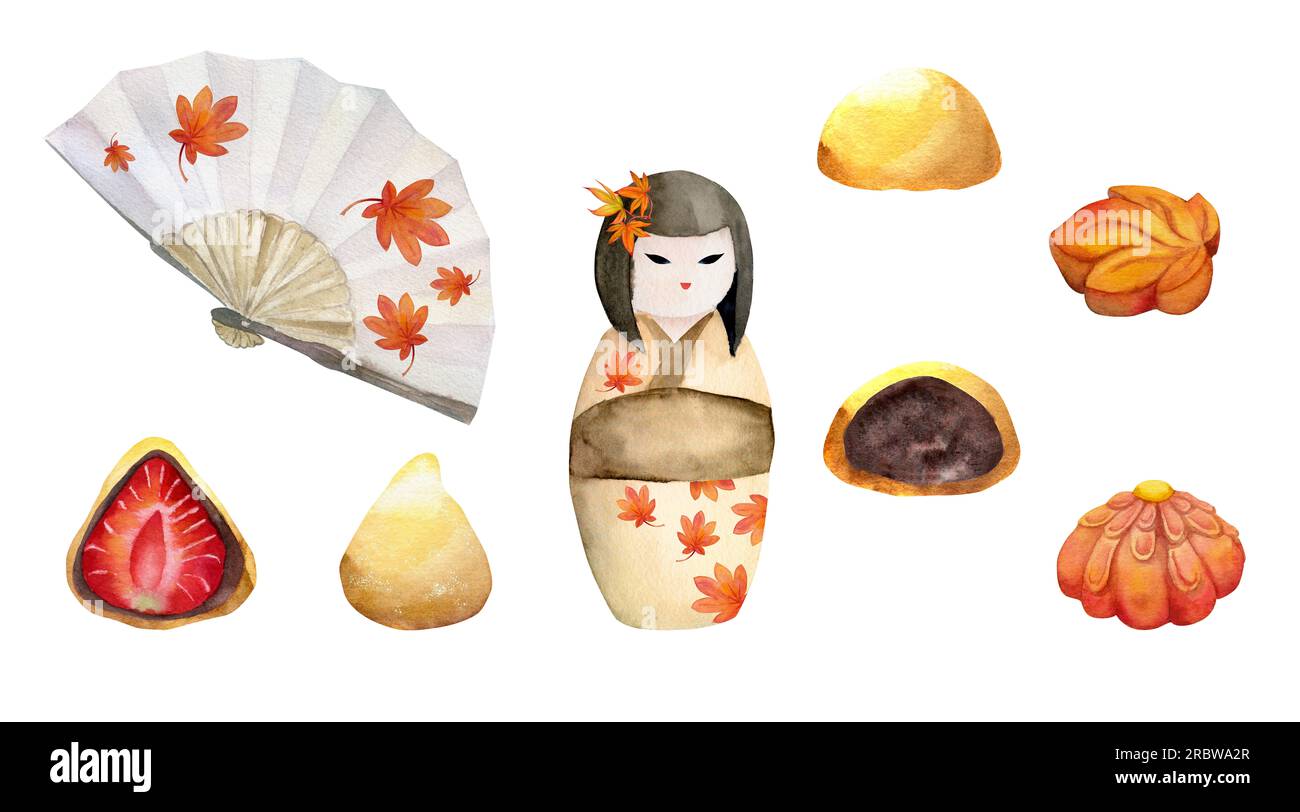 Watercolor hand drawn set of traditional Japanese sweets. Autumn ...