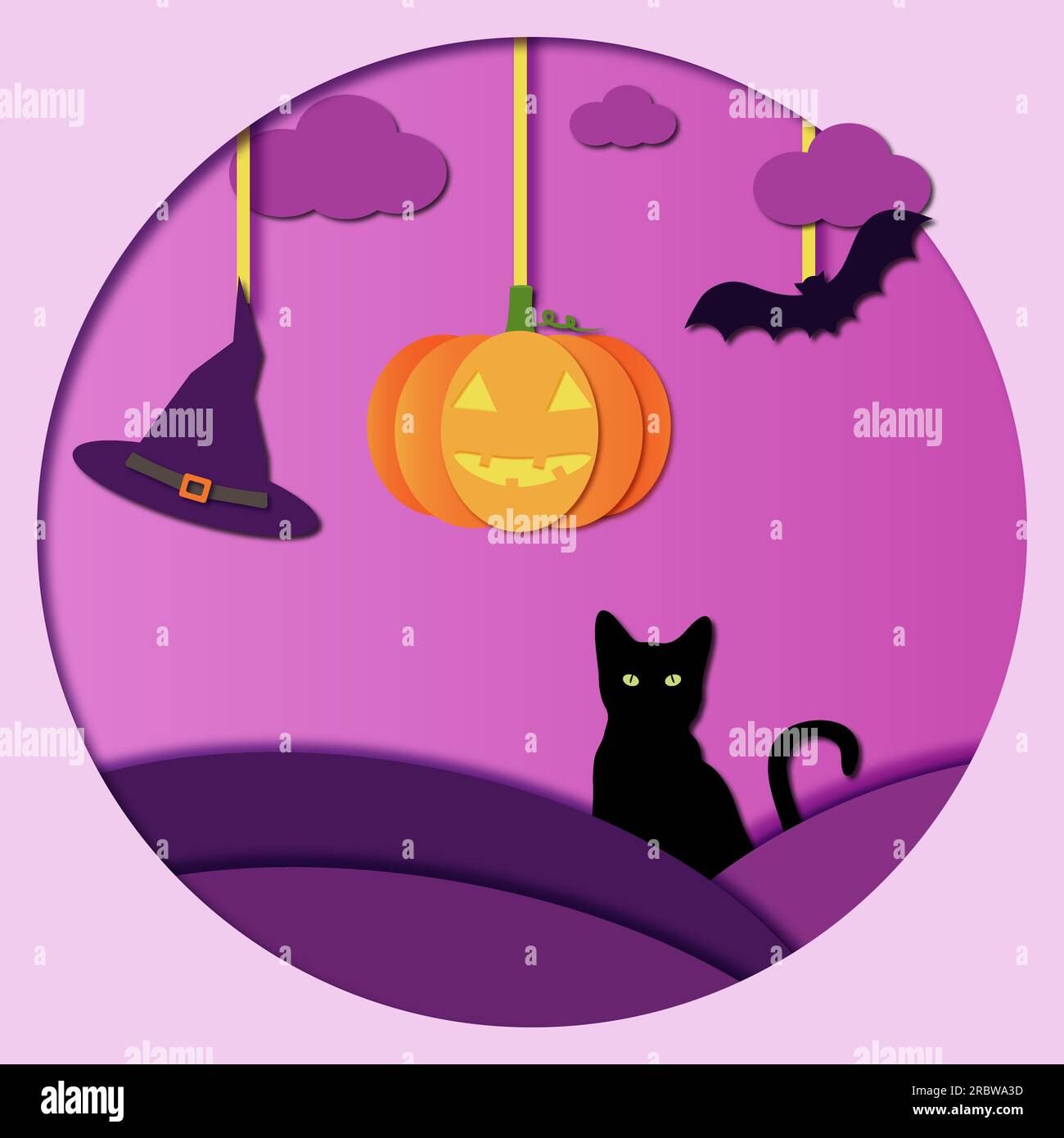 black cat and pumpkins witch hat bat Halloween card in the style of cut ...