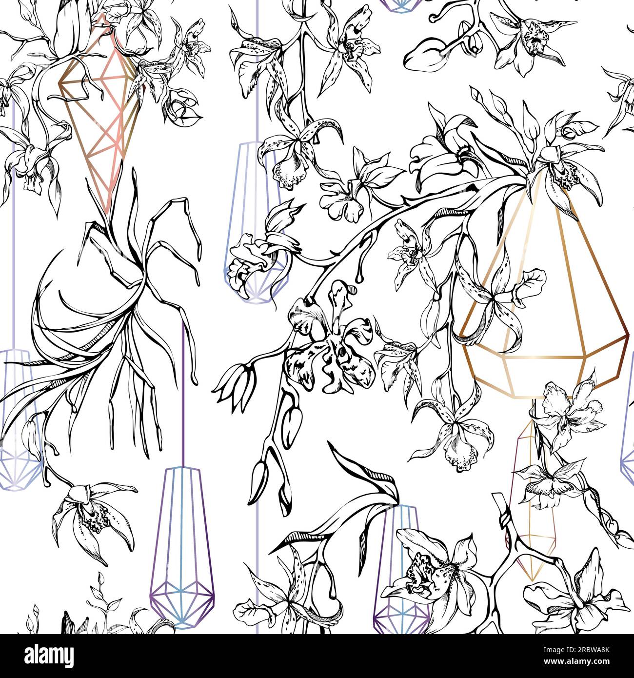 Hand drawn vector ink orchid flowers and branches, monochrome, detailed ...