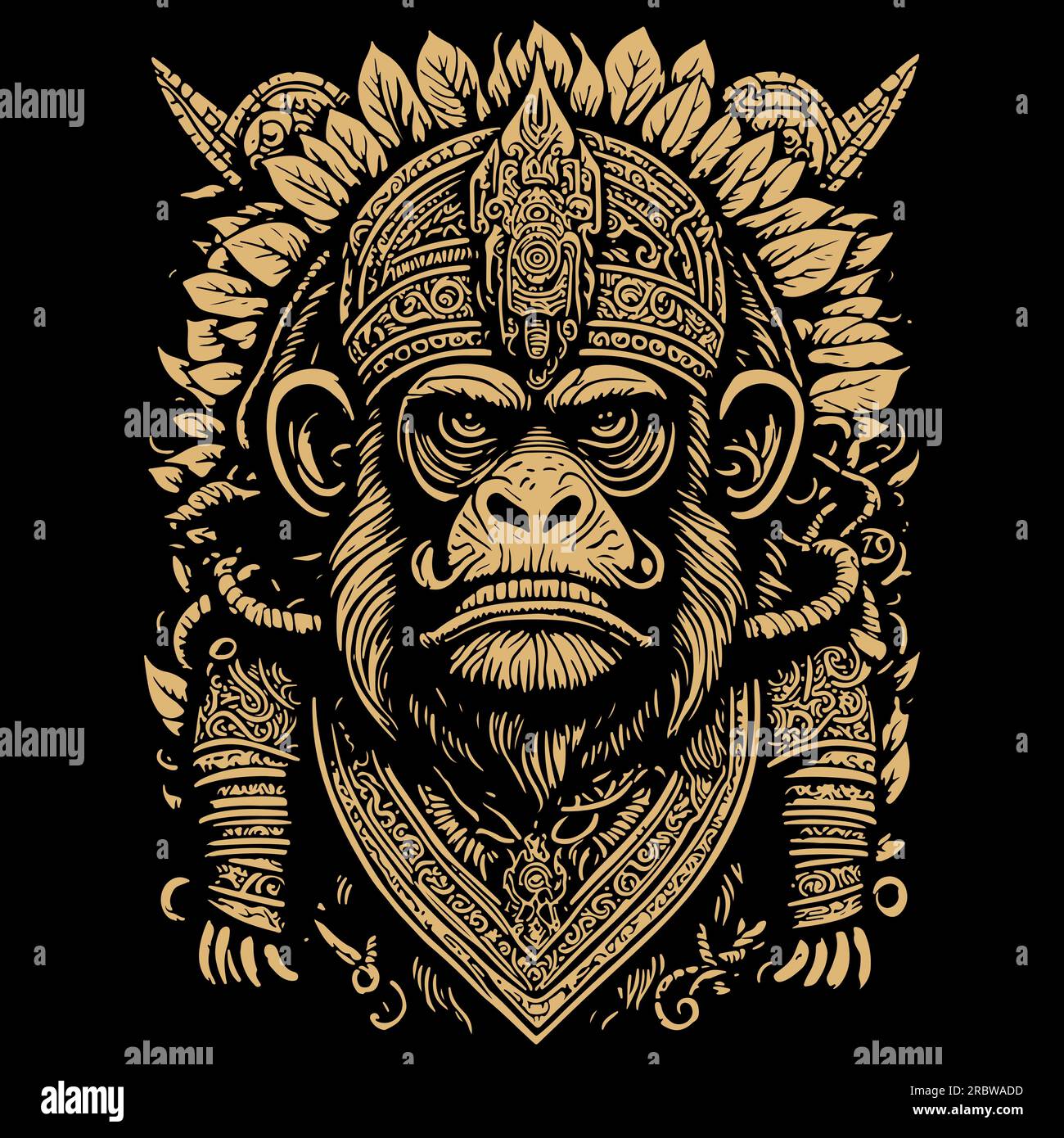 Brown silhouette of monkey in ancient Aztec style isolated on black ...