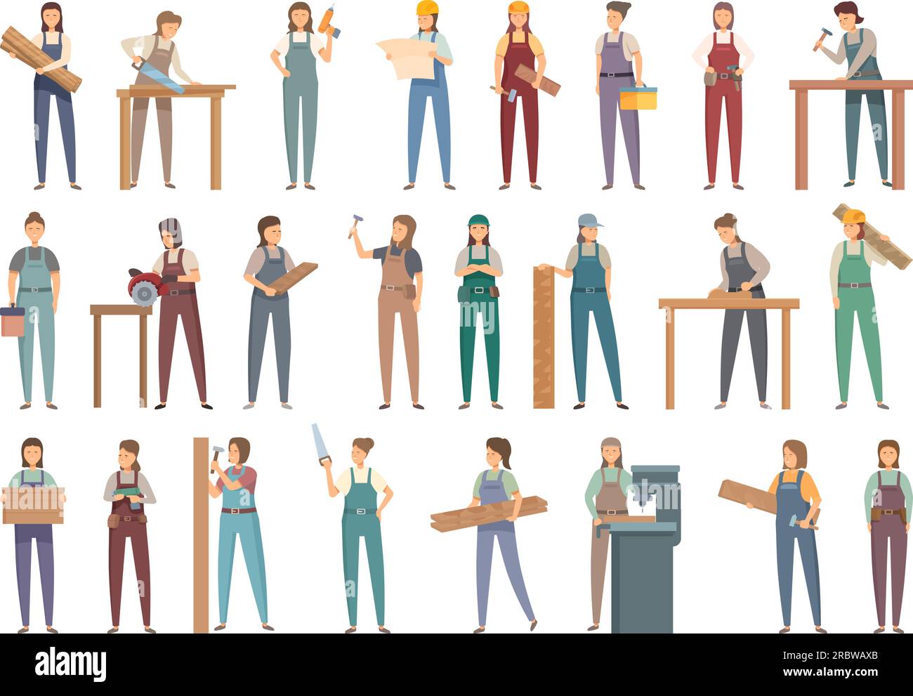 Woman carpenter icons set cartoon vector. Art work. Worker person Stock ...