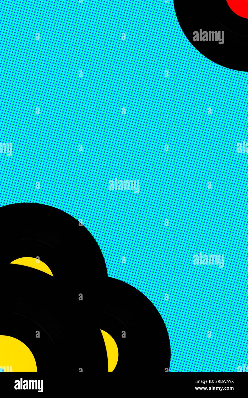 Abstract image of vinyl records with different colour labels on ...