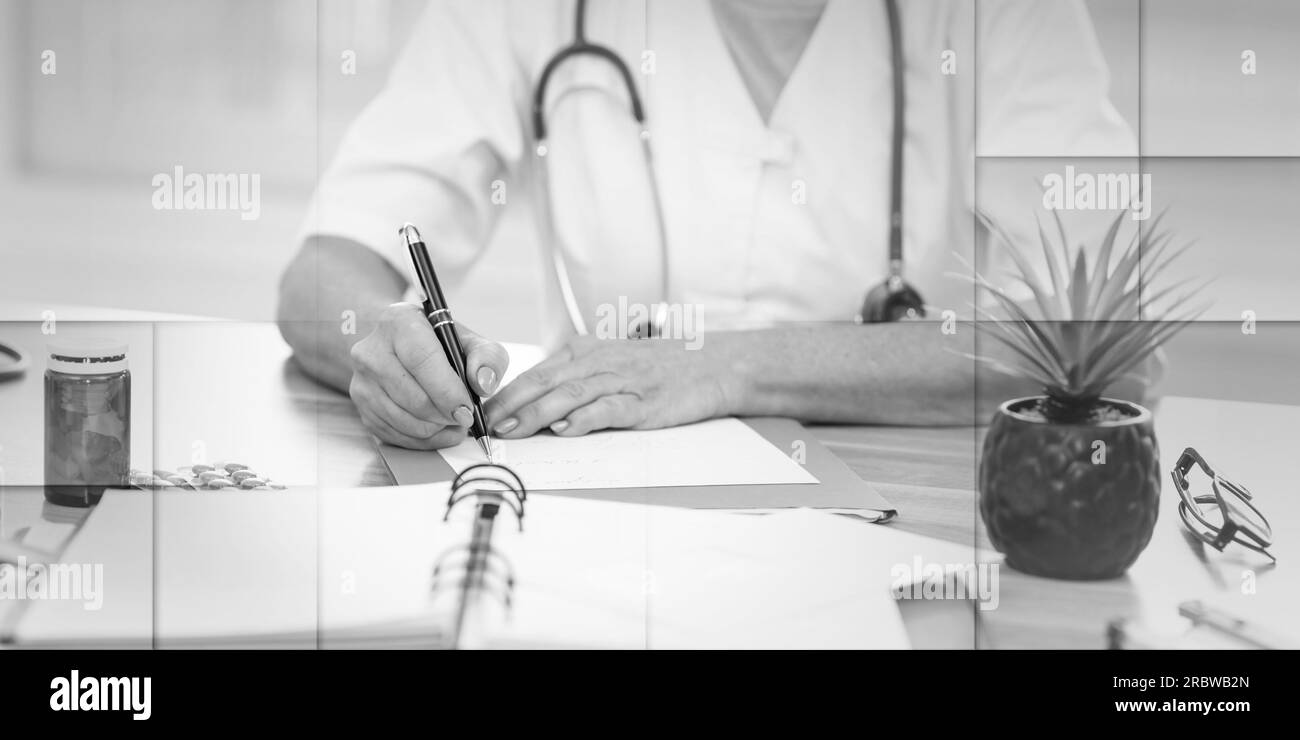 Female doctor stethoscope prescription Black and White Stock Photos ...