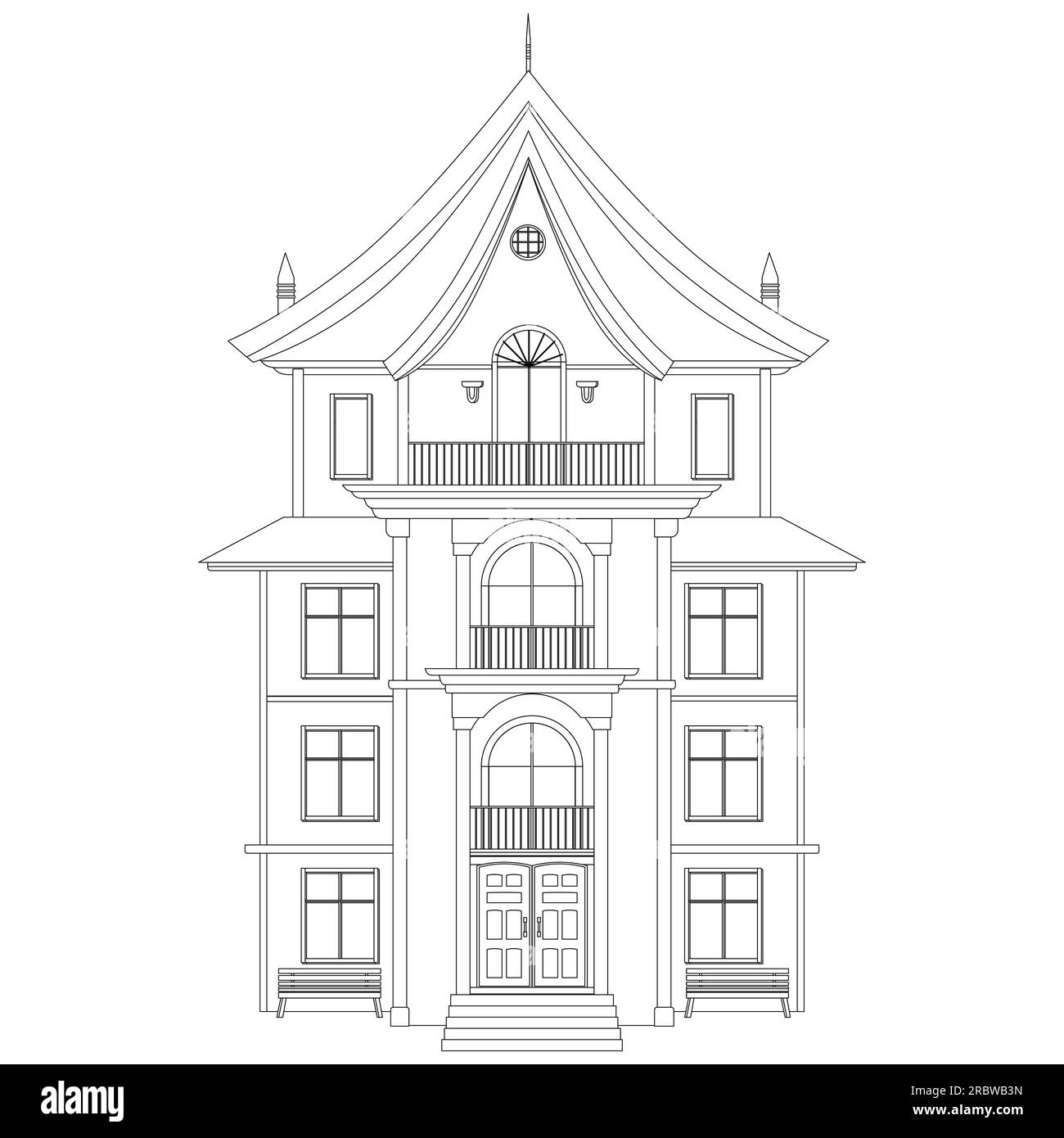 Outline four-story house with porch and balcony isolated on white ...
