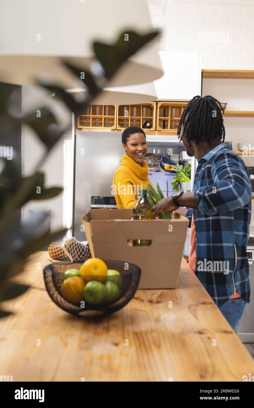 Happy african american couple unpacking groceries in kitchen Stock ...