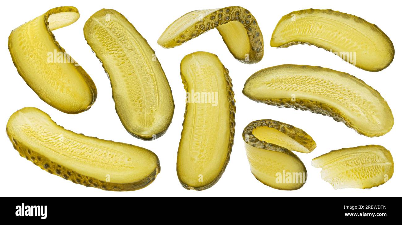 Pickled cucumber slices isolated on white background Stock Photo - Alamy