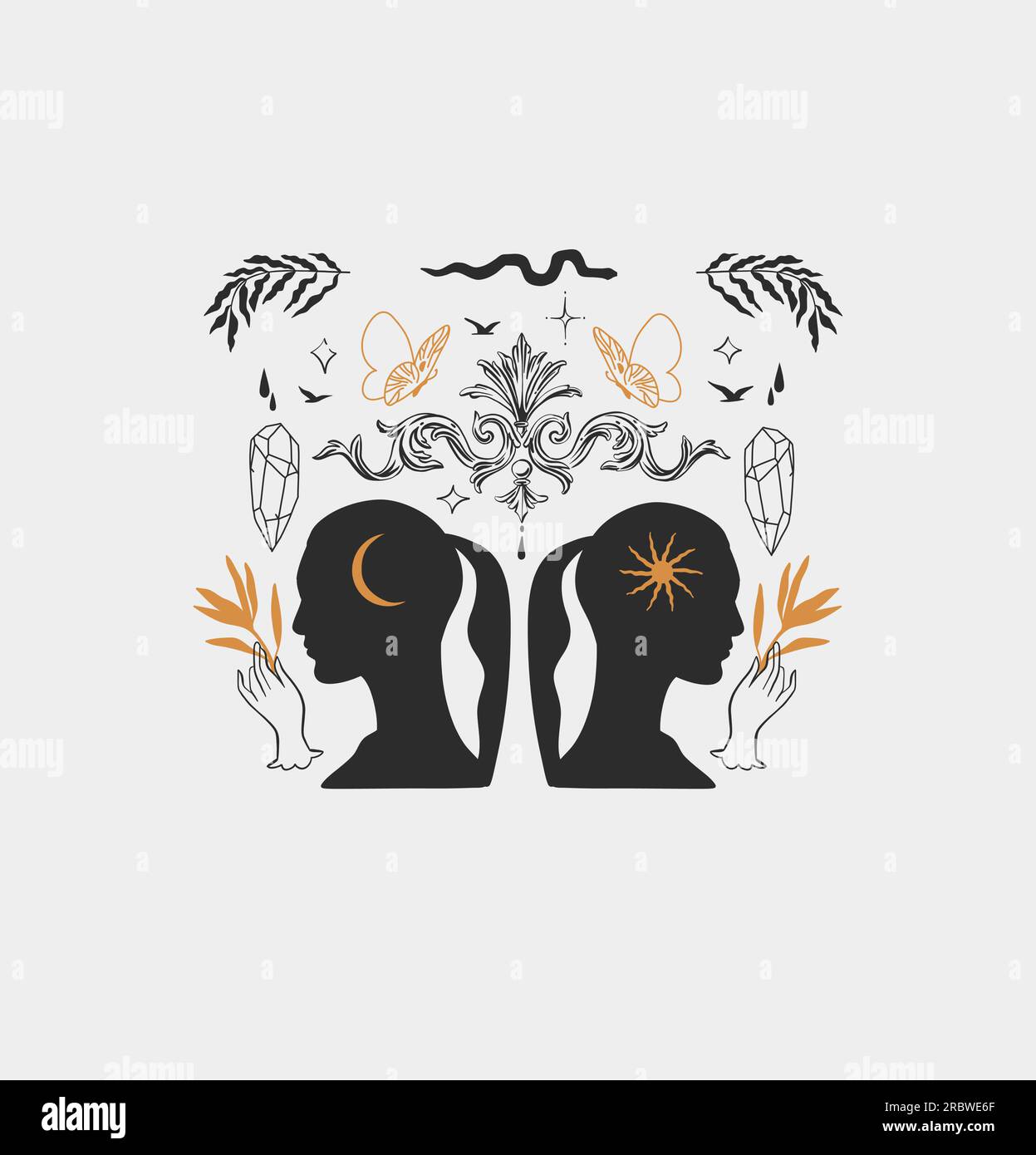 Hand drawn vector abstract,graphic magic witch woman,moon,flowers and ...