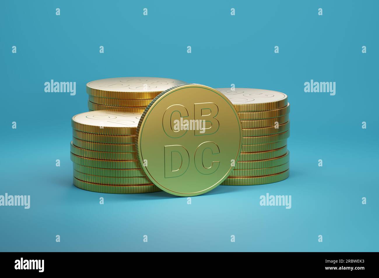 Stacks of gold CBDC money coin on blue background. central bank digital currency. 3d ...