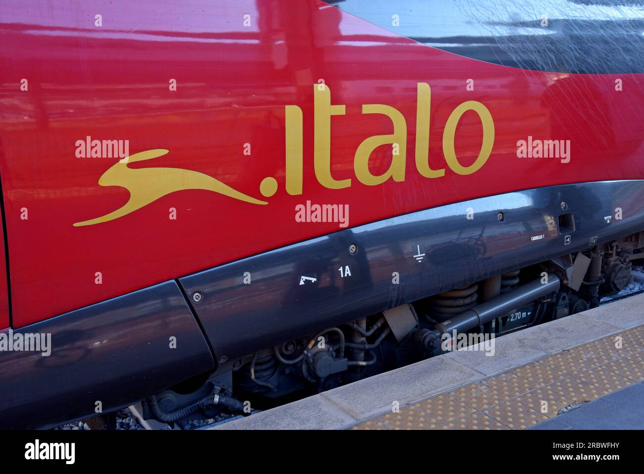 Logo of Italo, high speed train operator in Italy, on a train in Bari ...
