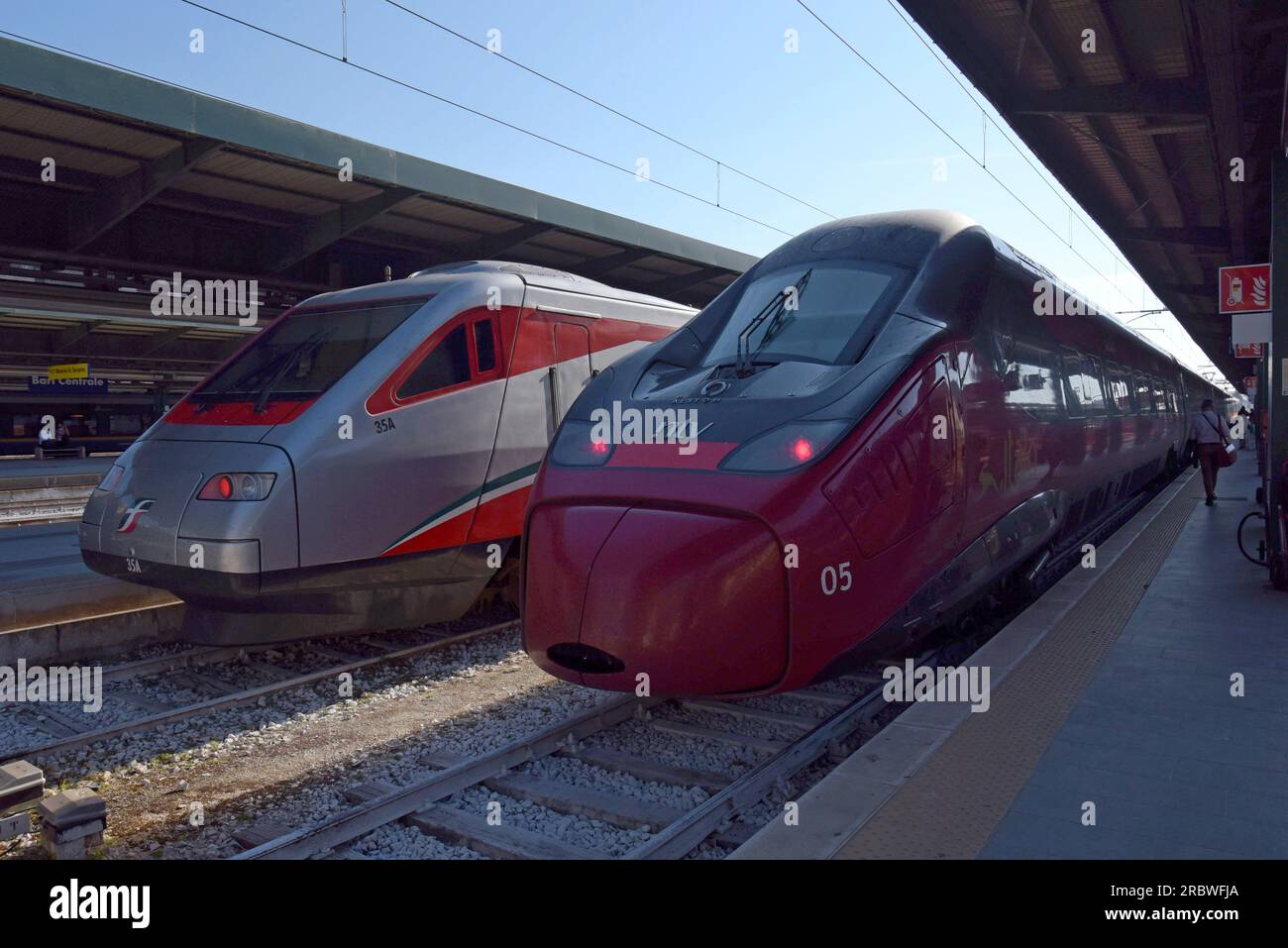 Trenitalia Frecciargento and Italo AGV high speed trains at Bari Railway Station, Italy, May ...