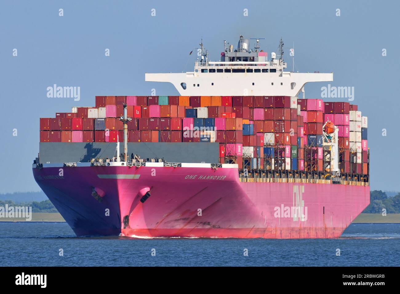 Containership ONE HANNOVER outbound from Hamburg, seen passing Cuxhaven ...