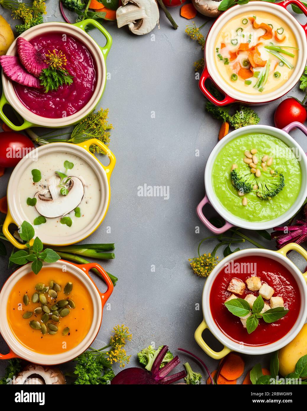 Variety of colorful vegetables cream soups and ingredients for soup ...