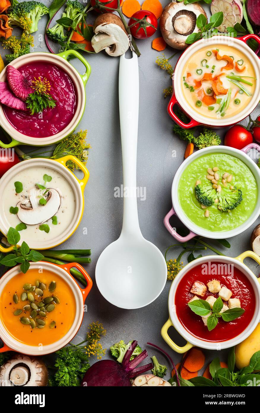 Variety of colorful vegetables cream soups and ingredients for soup ...