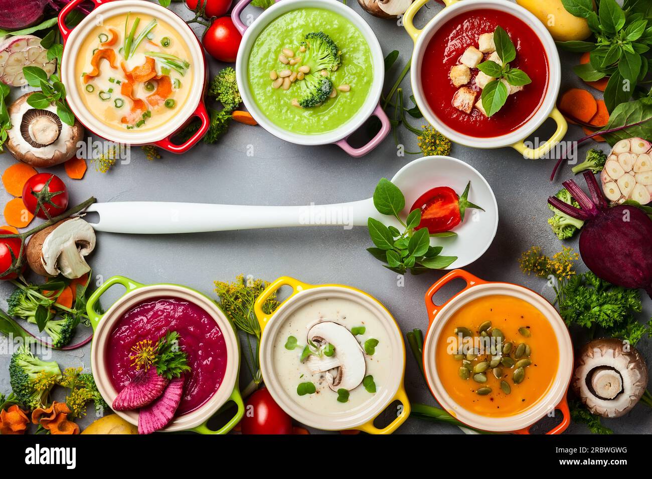 Variety of colorful vegetables cream soups and ingredients for soup ...