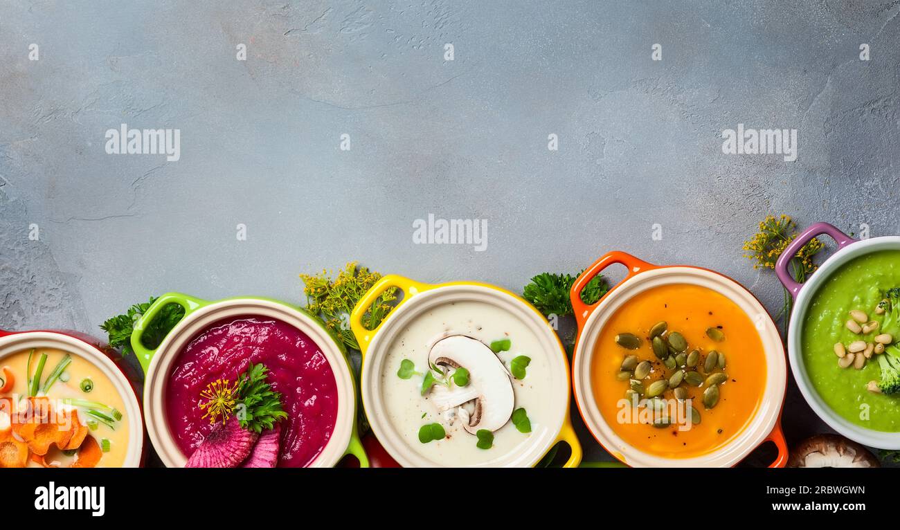 Variety of colorful vegetables cream soups and ingredients for soup ...