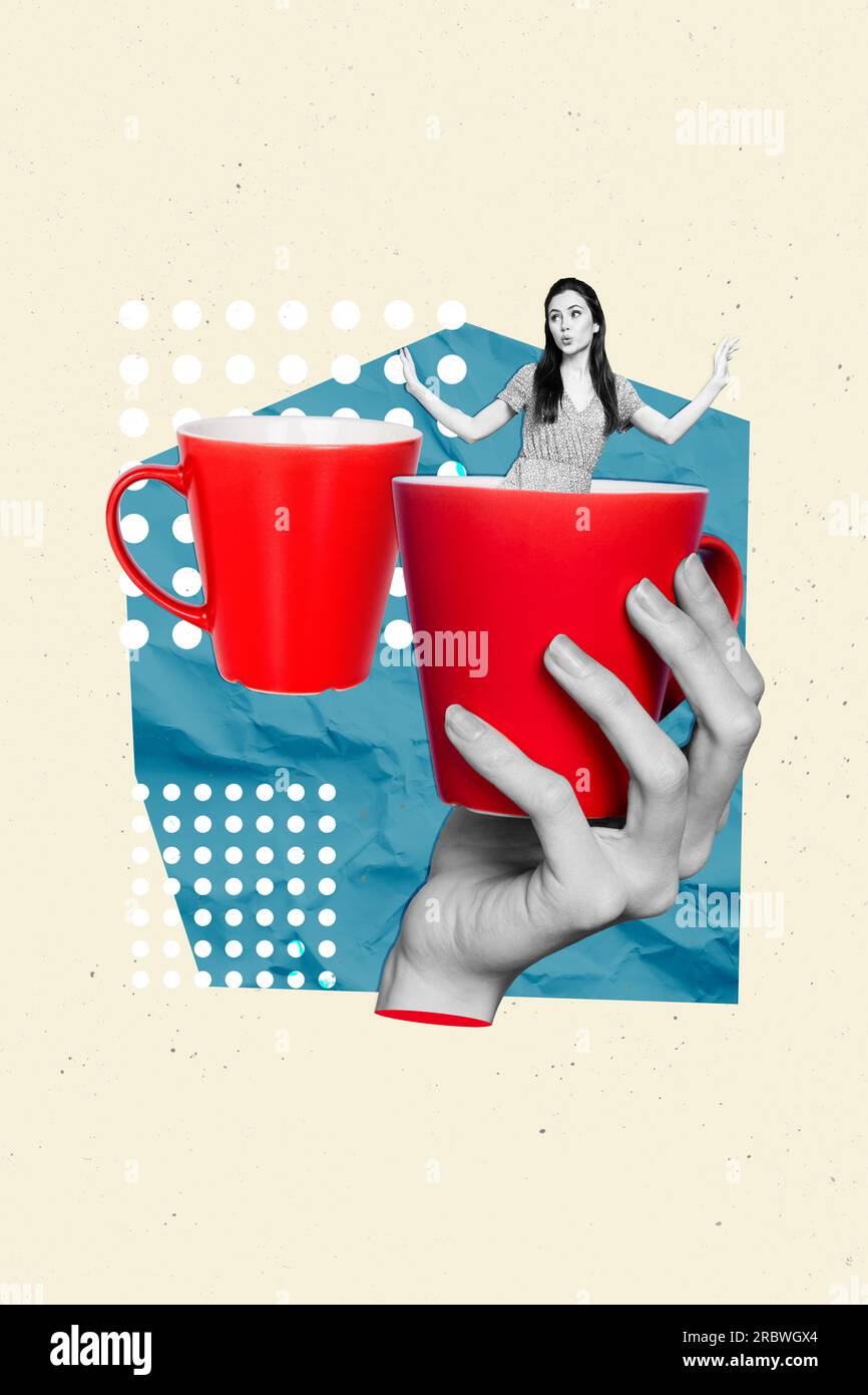 Poster magazine collage sketch of pretty girl inside large cup enjoy ...