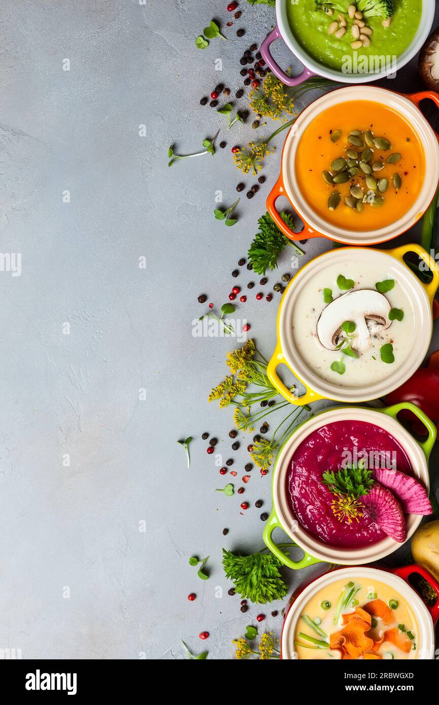 Variety of colorful vegetables cream soups and ingredients for soup ...