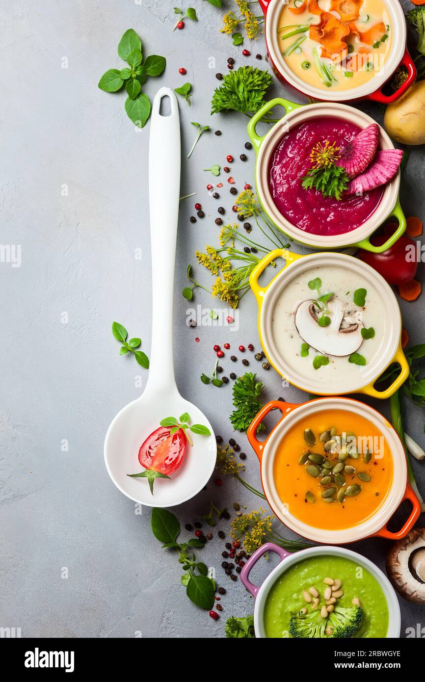 Variety of colorful vegetables cream soups and ingredients for soup ...