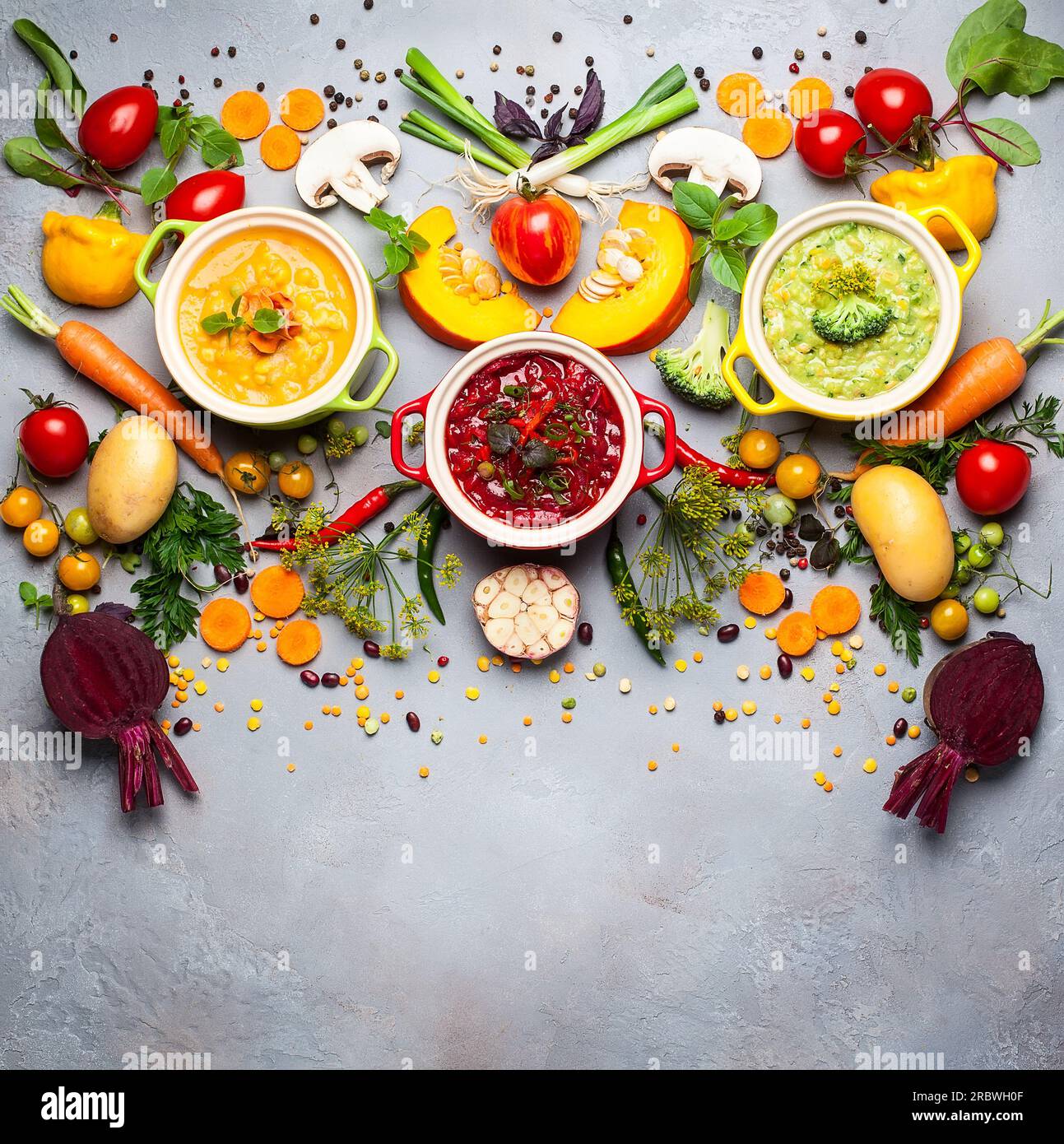 Concept of healthy vegetable and legume soups. Yellow pea soup,red ...