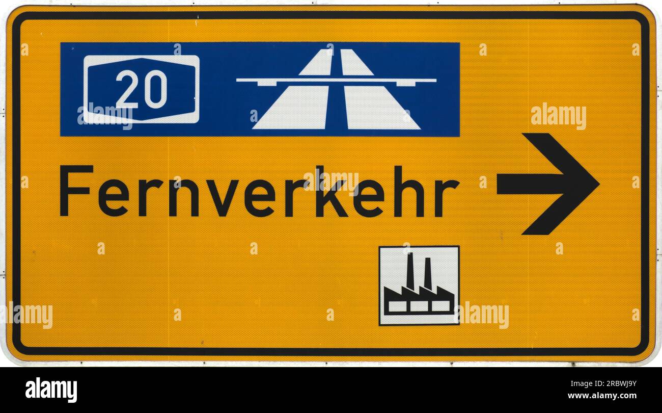 German road sign showing the way to the next Autobahn, industrial area ...