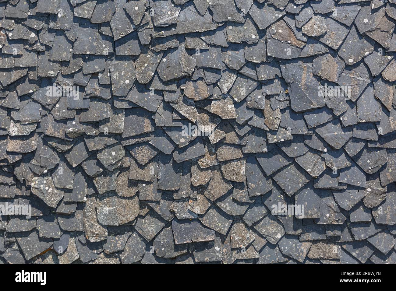 Detailed view of wall texture randomly lined with slate panels, typical ...