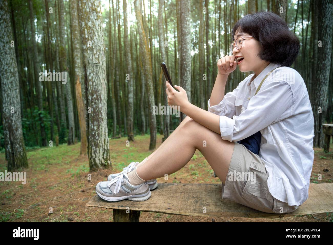 Asian woman sitting on the bench using a mobile phone in the forest ...