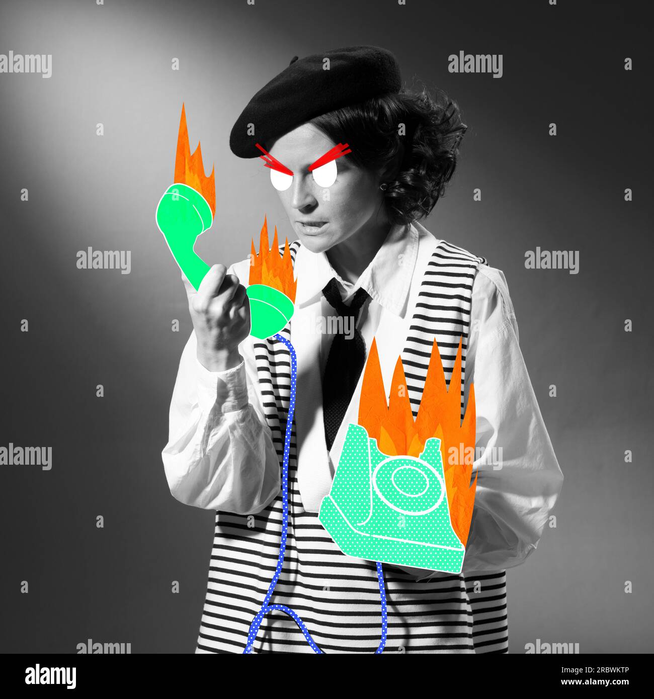 Contemporary art collage. Angry young woman emotionally talking on ...