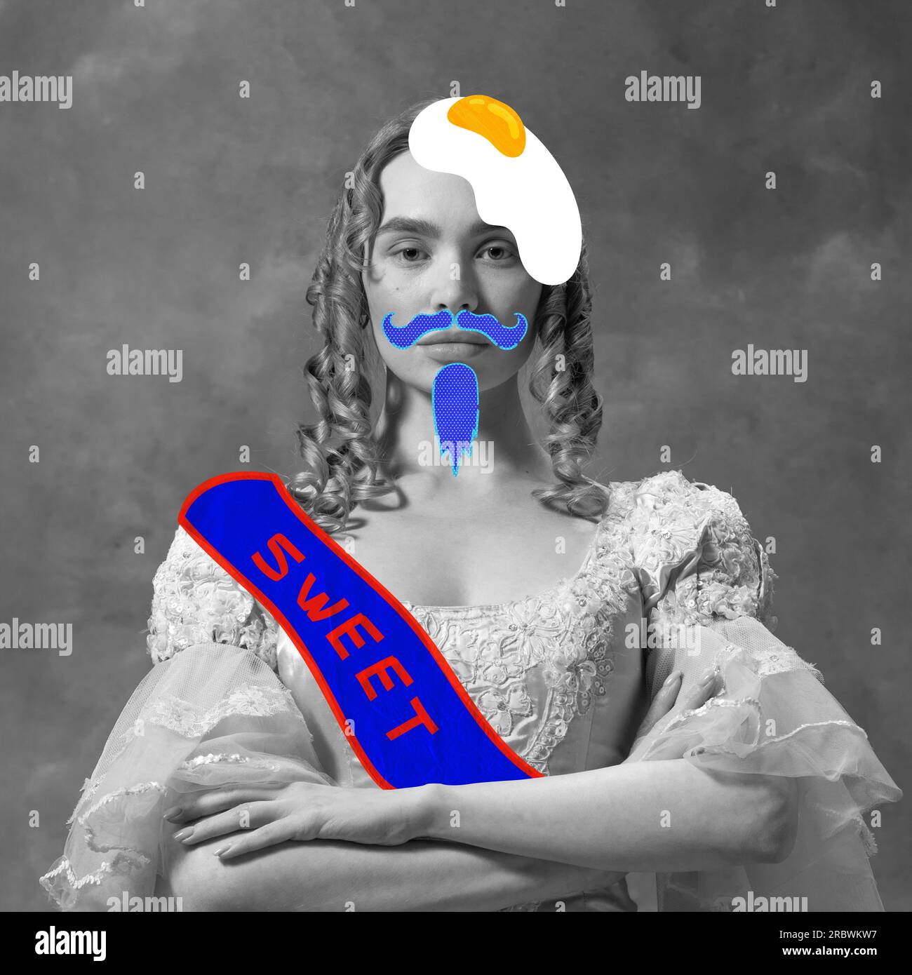 Contemporary art collage. Young woman, royal person, queen with ...