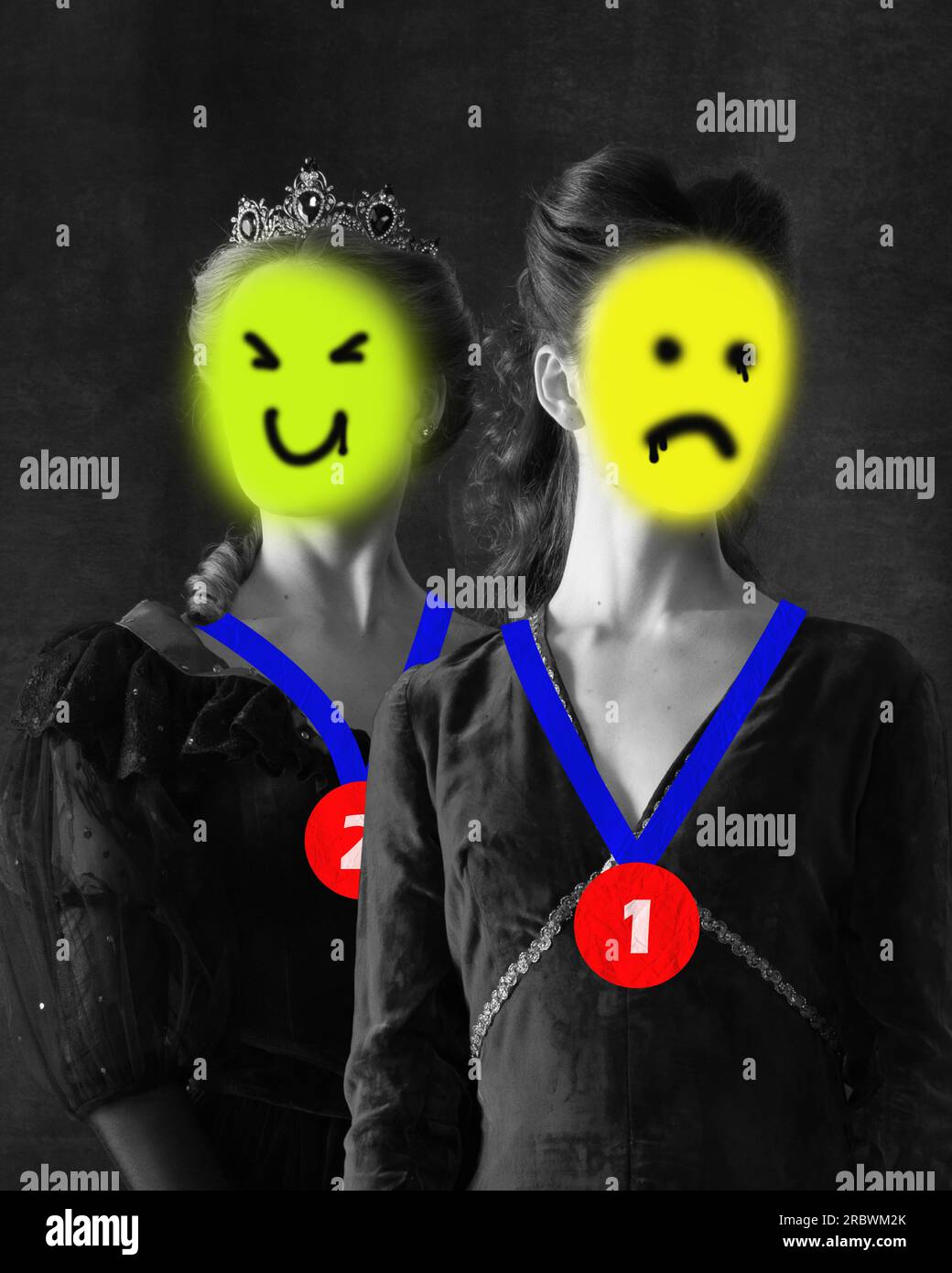 Contemporary art collage. Win and lose. Two women, royal persons ...