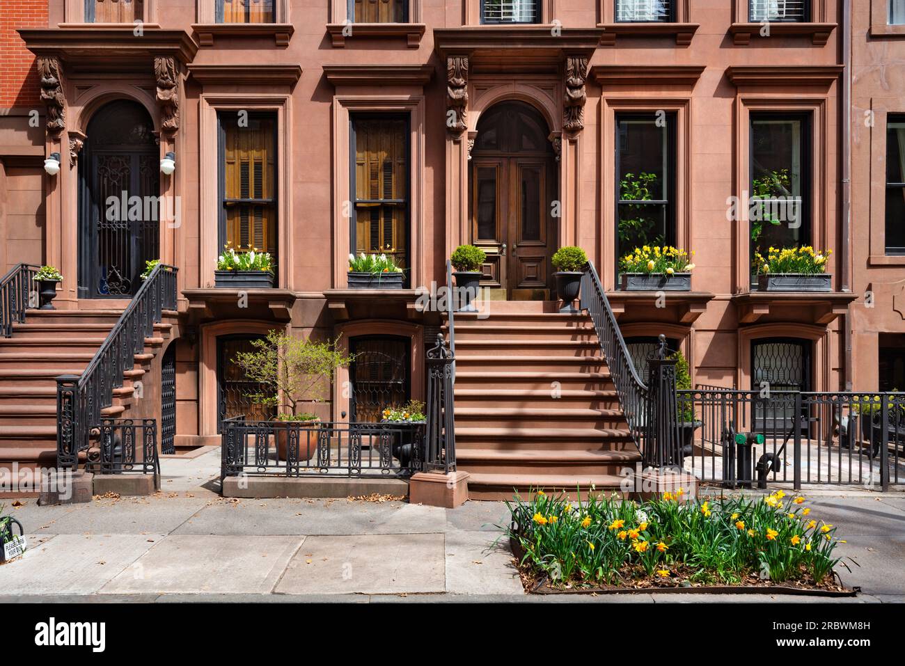 Row of townhouse entrances with stoop steps. Brownstones in Brooklyn ...
