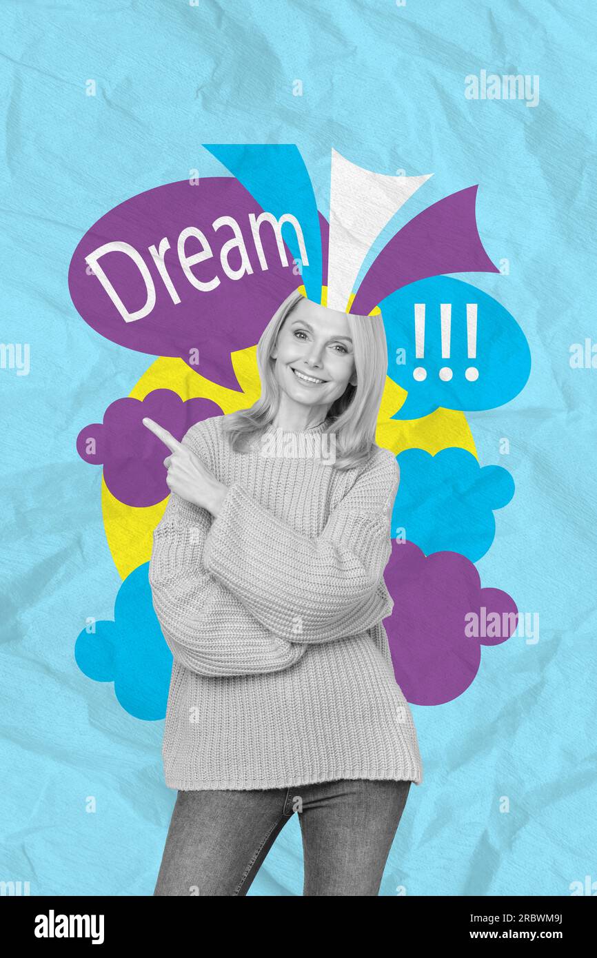 Picture poster image collage of cheerful charming lady rejoicing dream ...