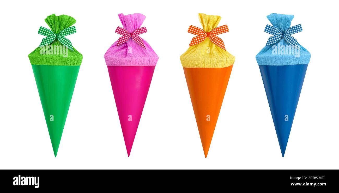 4 Cornets and presents with ribbon isolated against white background ...