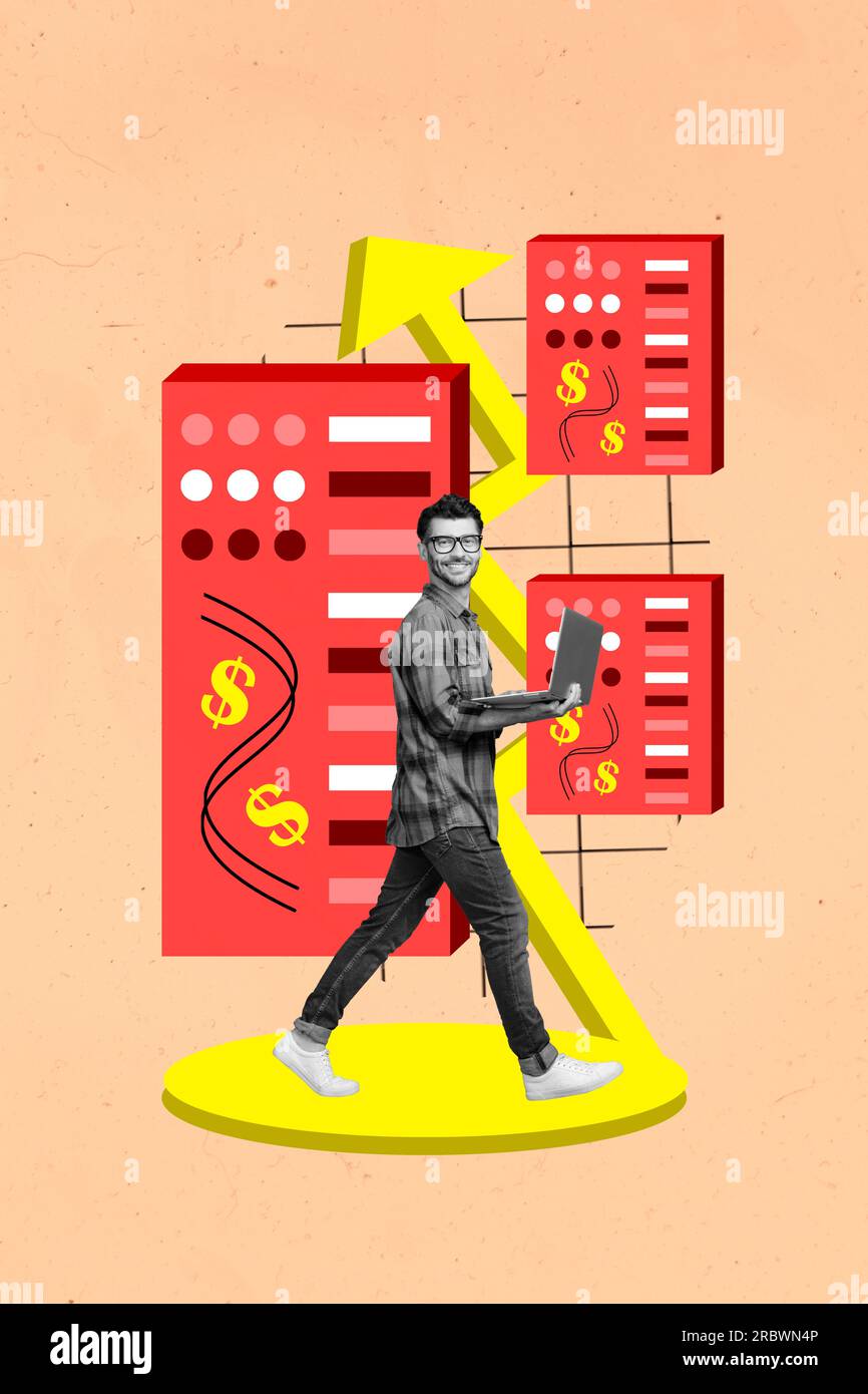 Creative artwork template collage of happy smiling guy walking earning ...