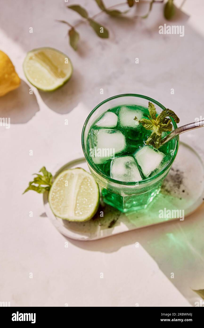 Non alcoholic healthy detox lemon, lime green sparkling mocktail ...