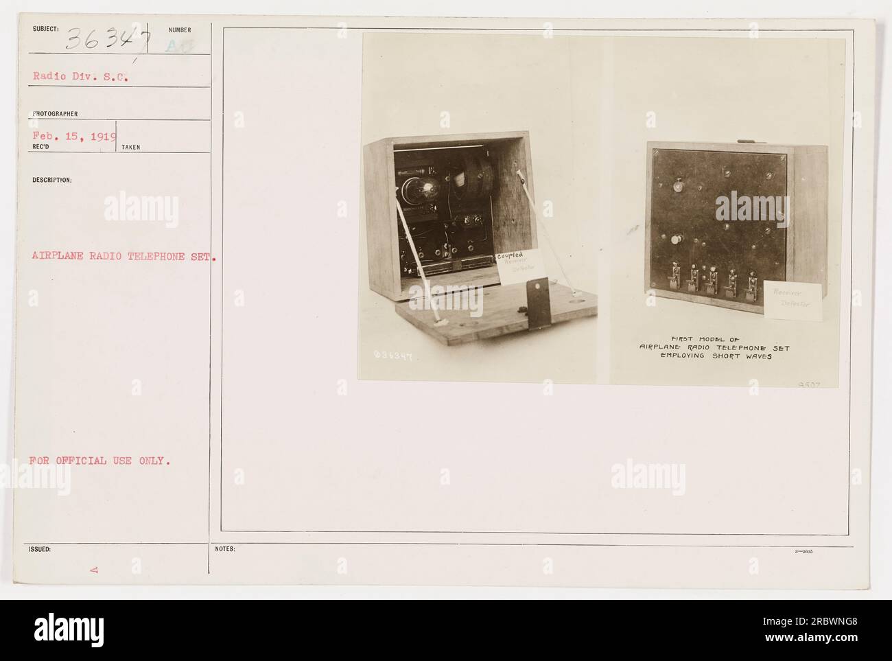 A photograph depicting an early model of an airplane radio telephone ...