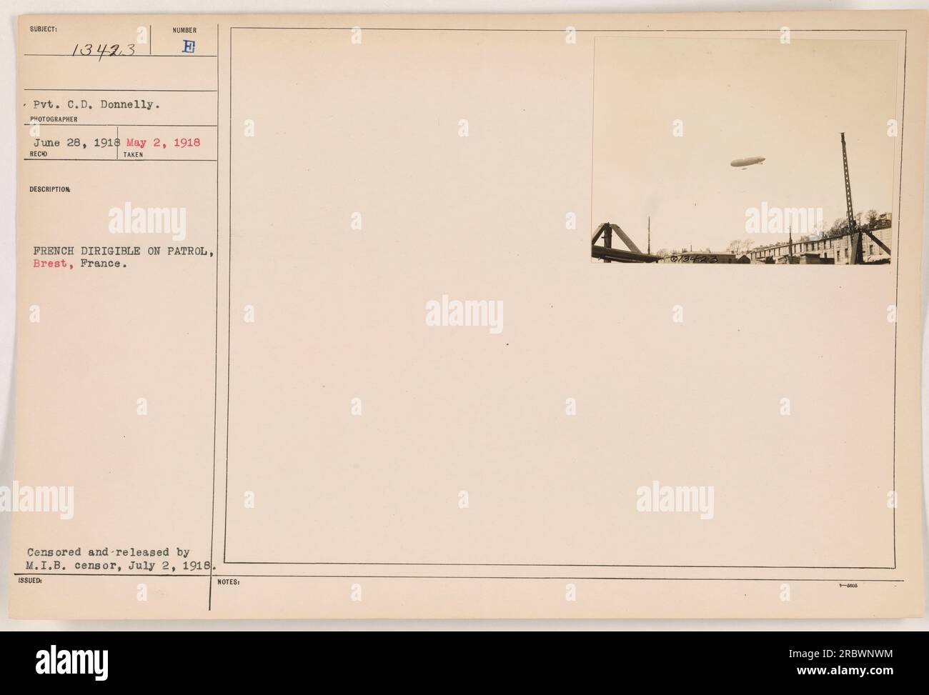 Private C.D. Donnelly on patrol aboard a French dirigible in Brest ...